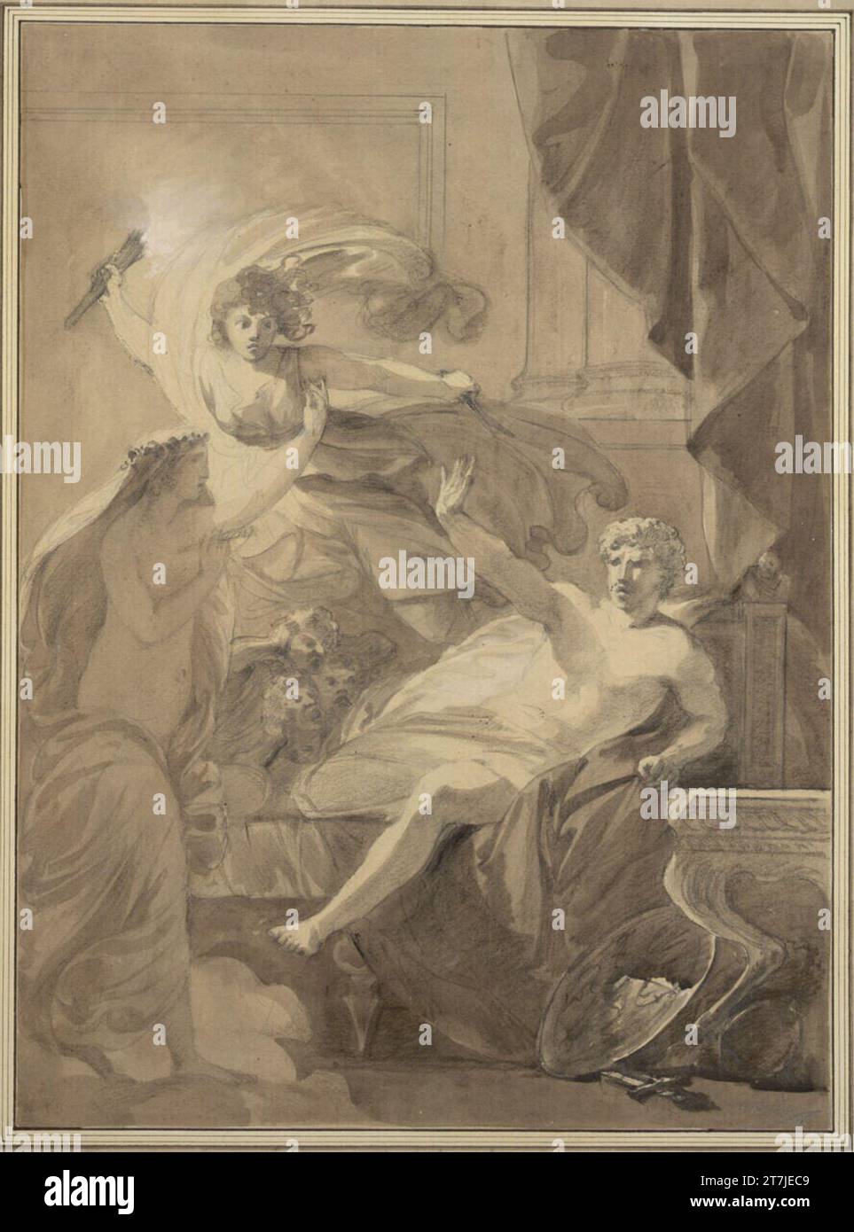 Josef Abel Amor and psyche. Black chalk, Bister laved, white -raised ...