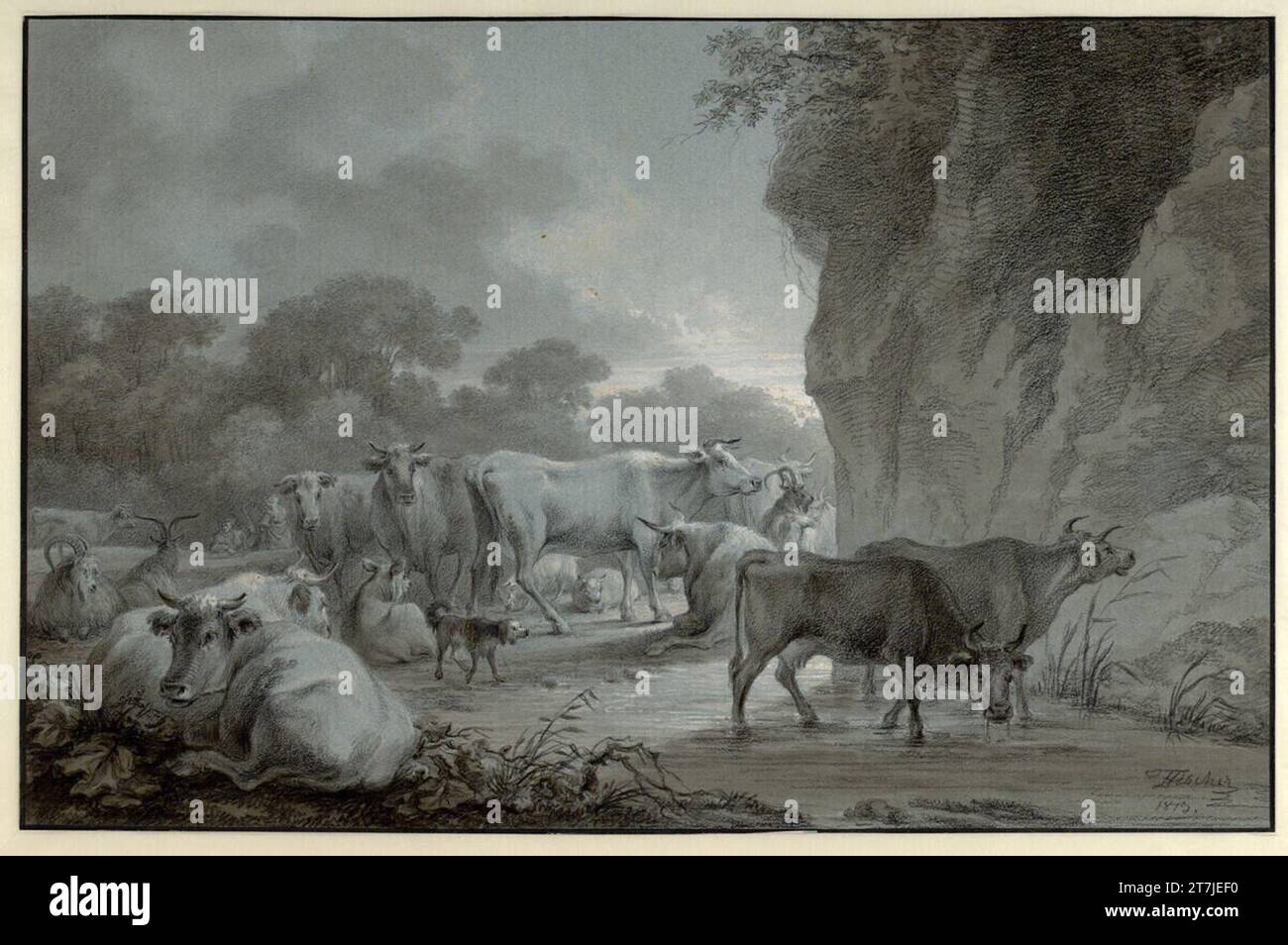 Joseph Fischer Festom of cattle with rocks. Black chalk Stock Photo - Alamy