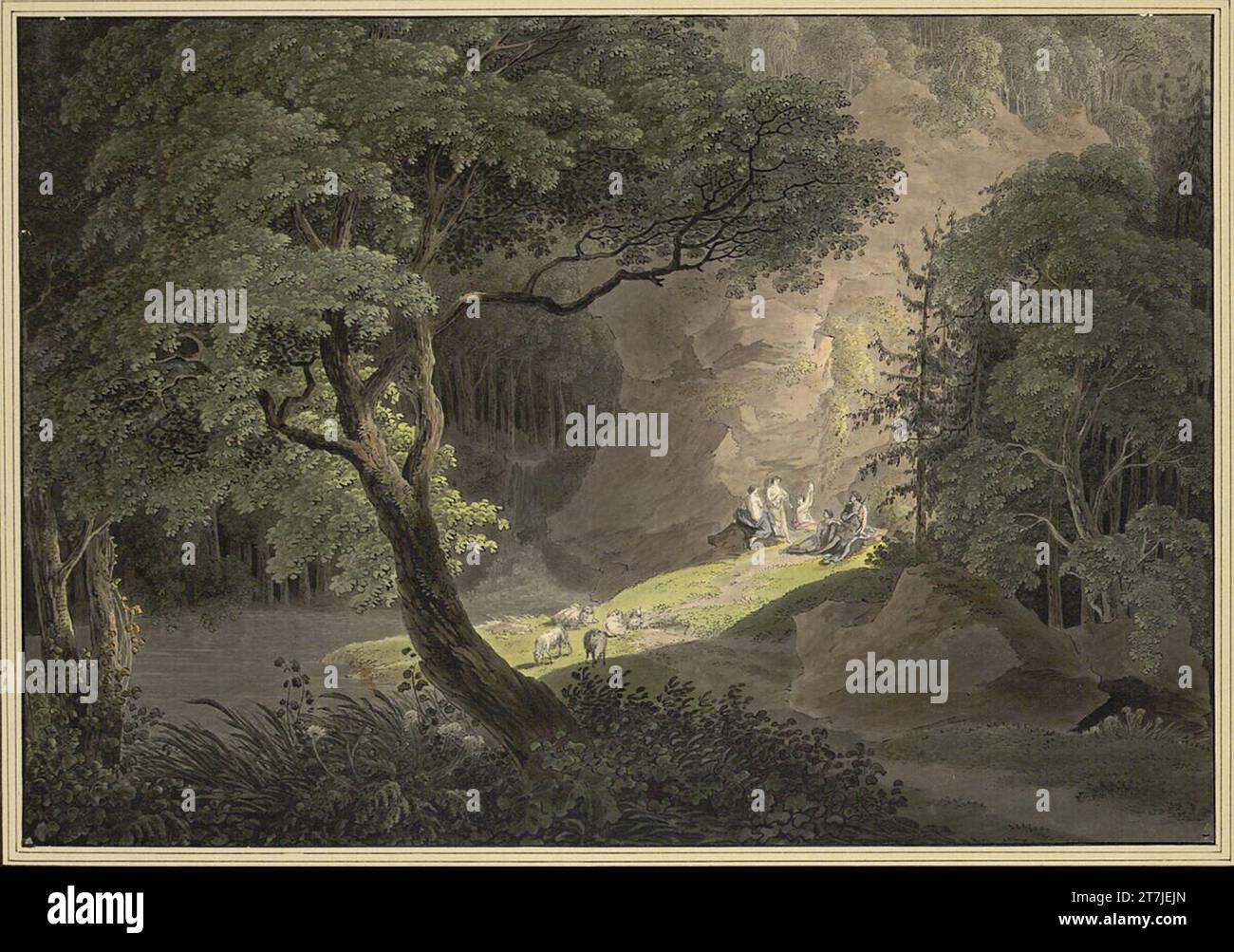 Christian August Günther Shepherds with nymphs and grazing sheep in a ...