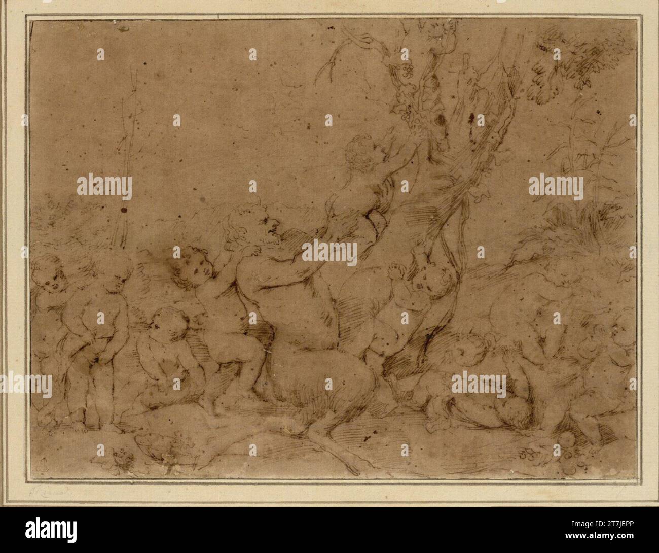 Anonym Satyr with playing children; He helps you climb a tree. Feder ...