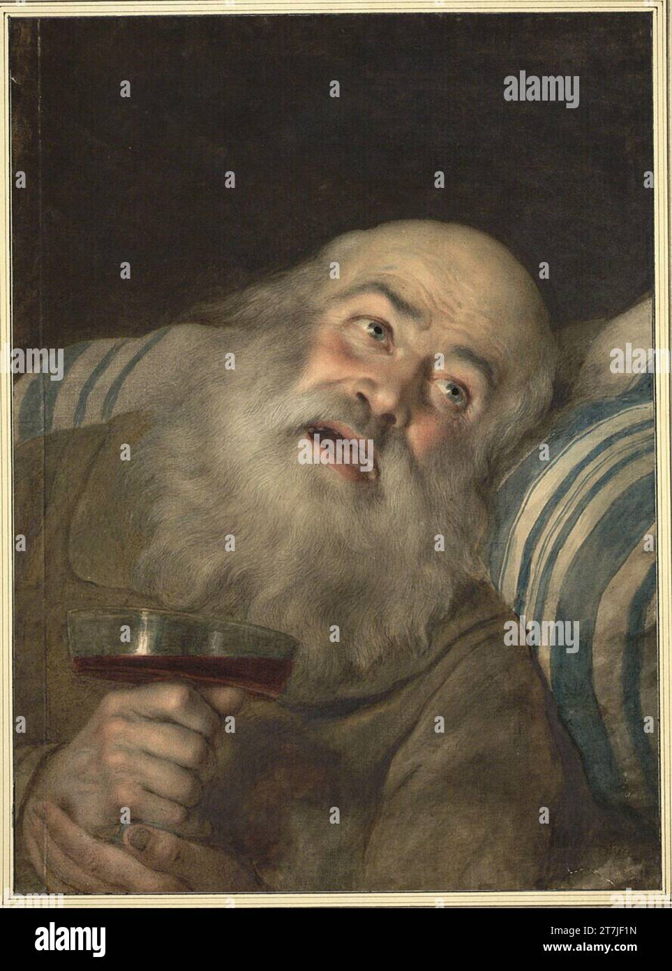 Johann Anton de Peters Bearded monk with wine mug. Brush in brown ...