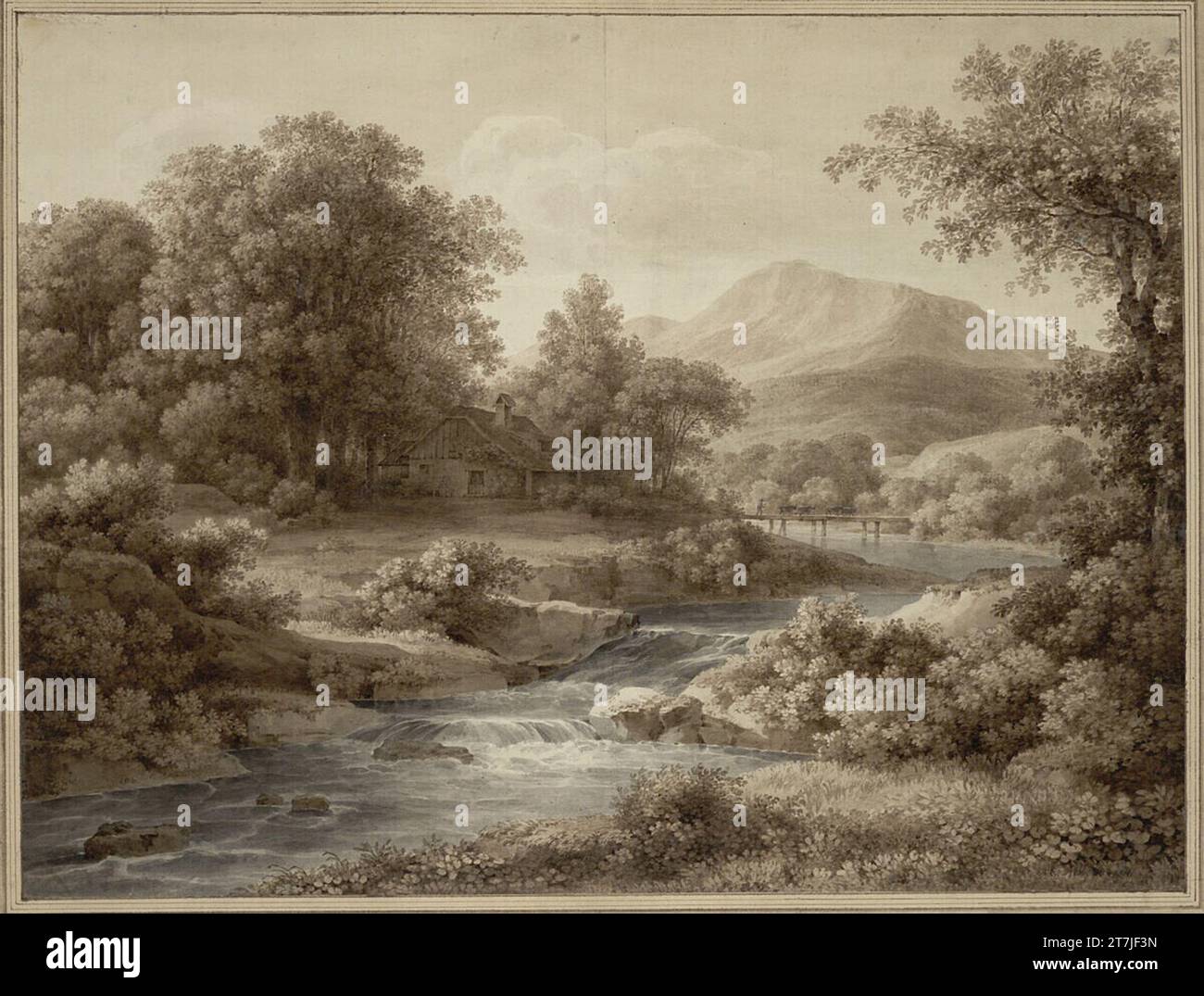 Johann Christoph Rist River landscape with farmhouse. Brush in brown ...