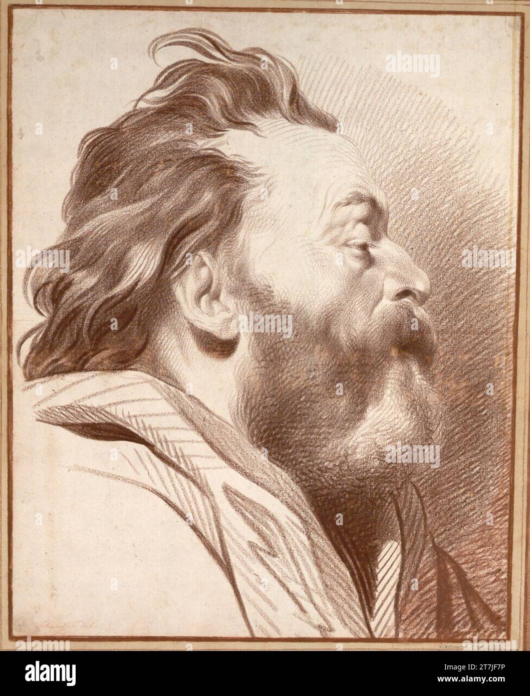 Jacob Matthias Schmutzer Bearded men's head to the right. Brown chalk ...