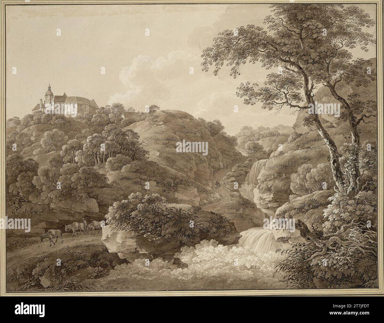 Adrian Zingg The northern Dornburg Castle. Pen and brushes in brown ...