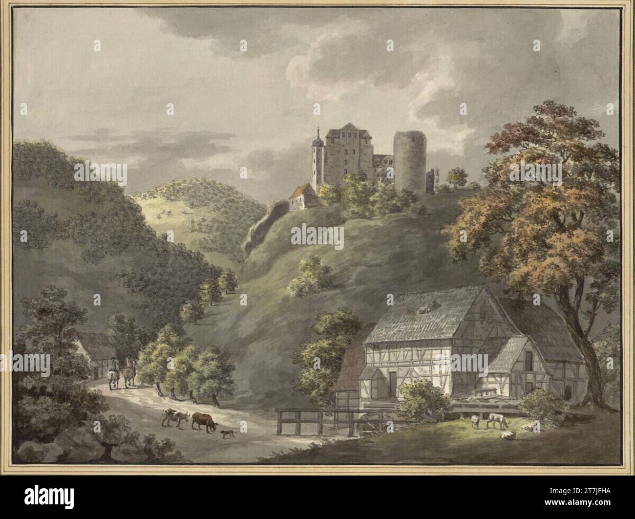 Carl Benjamin Schwarz Castle with a round tower in a hilly landscape ...