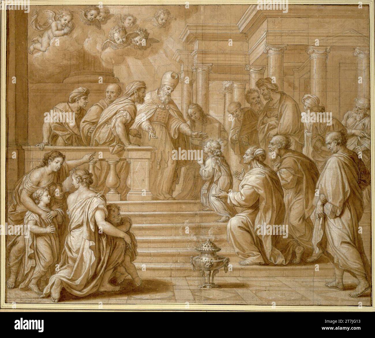 Antoine Bouzonnet Stella Temple passage Mariä. Black chalk, brown laved ...