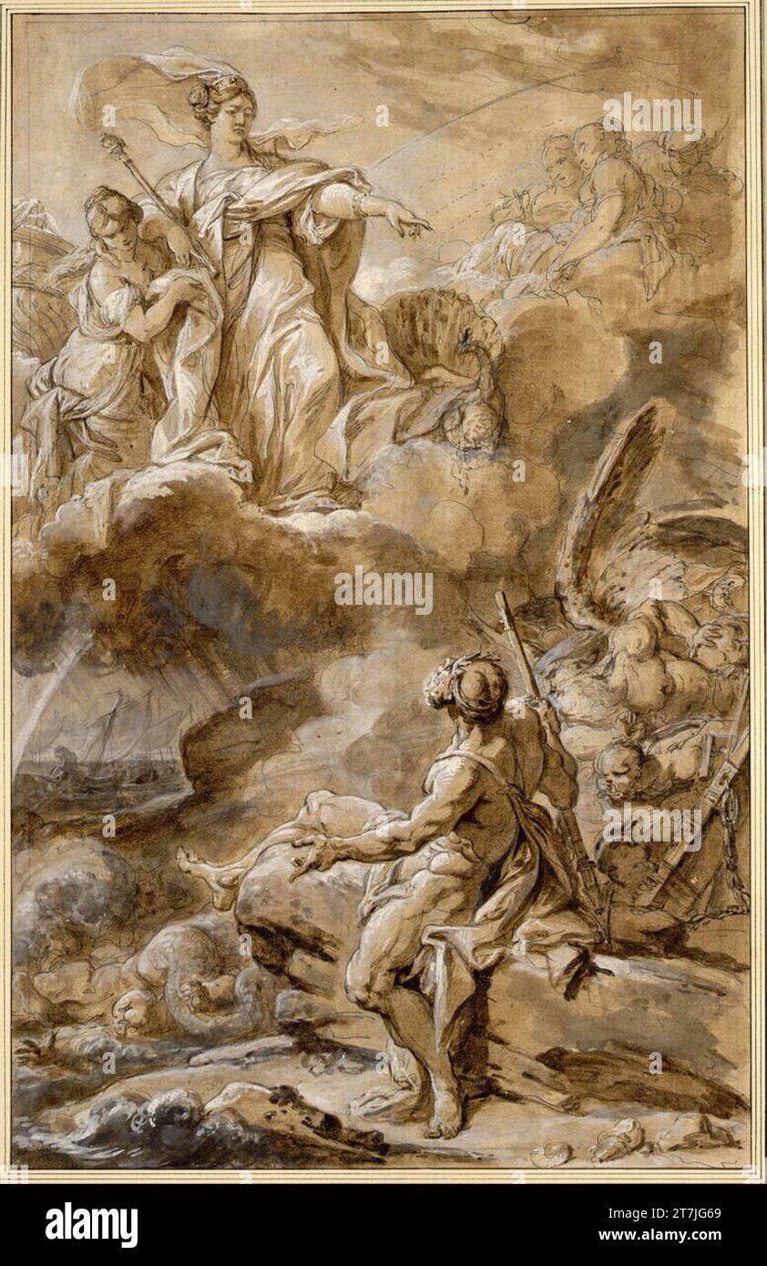 Gabriel Francois Doyen Juno and Aeolus. Feder in black, brush, brown ...