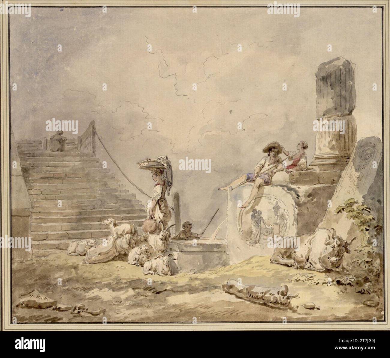 Hubert Robert Ruin landscape with fountain, shepherds, a herd of goats ...