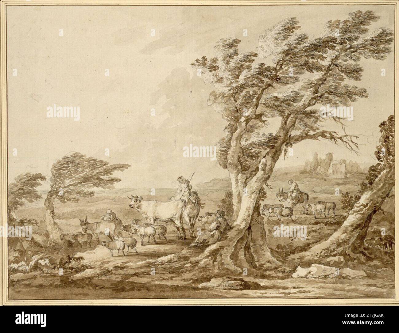 Philipp Jakob Loutherbourg (The Younger) Landscape with cattle. Brush ...