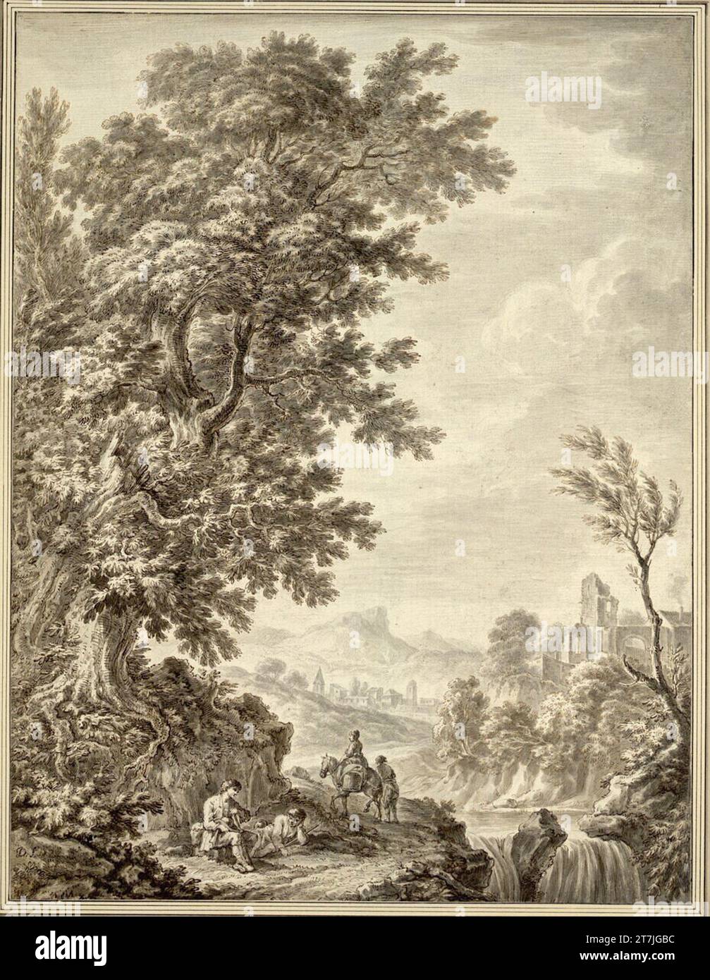 Joseph Antoine David Landscape with waterfall. Feder, ink, laved Stock ...