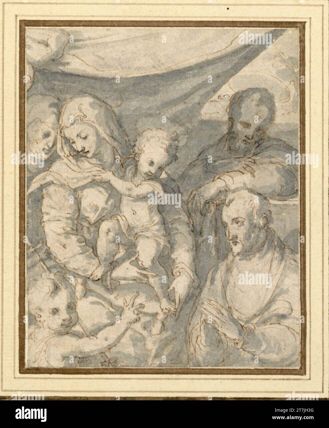 Anonym The holy family with Johannes, Elisabeth and a founder. Feather ...