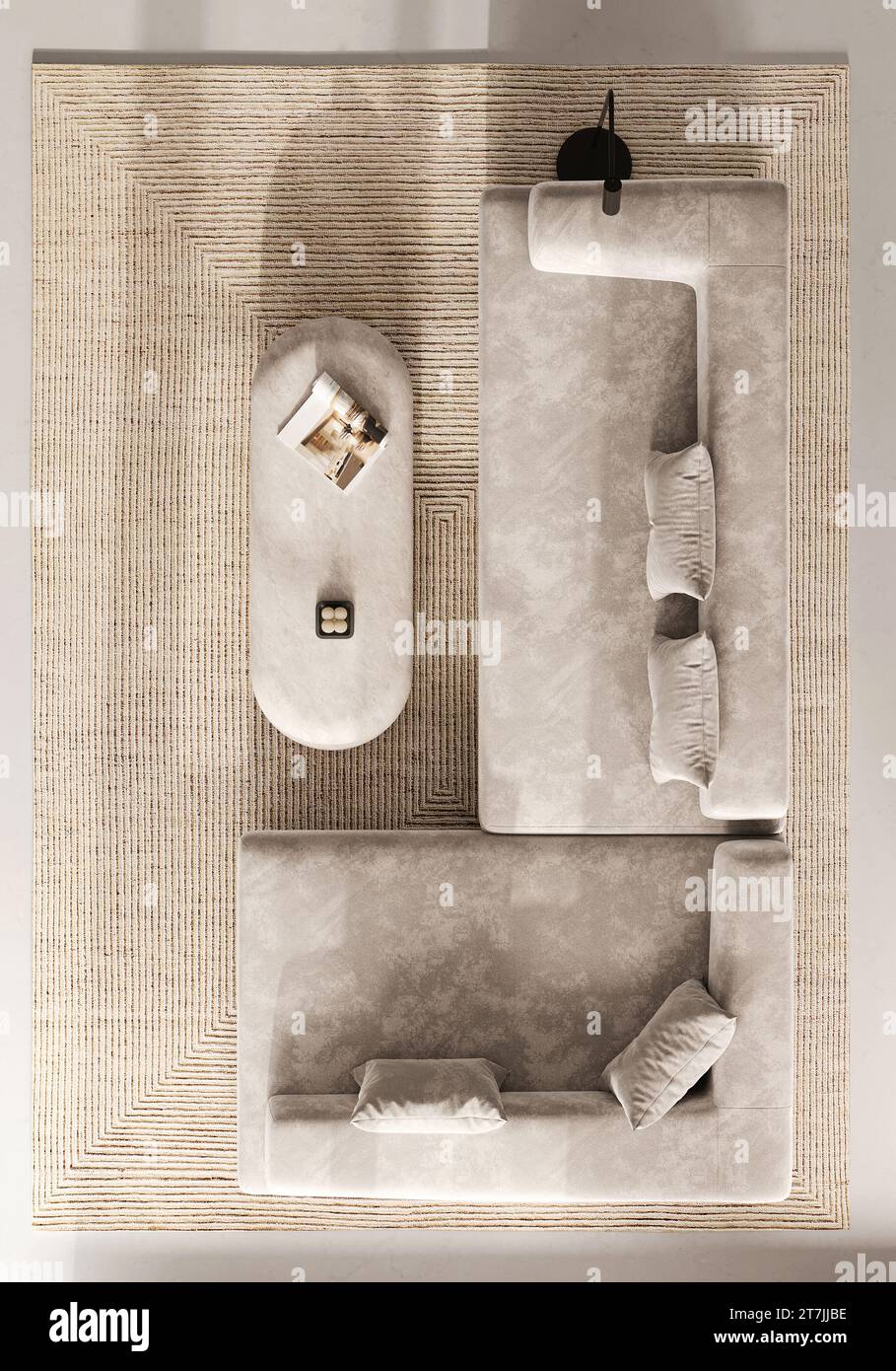 Aerial view of modern living room with textured rug Stock Photo - Alamy