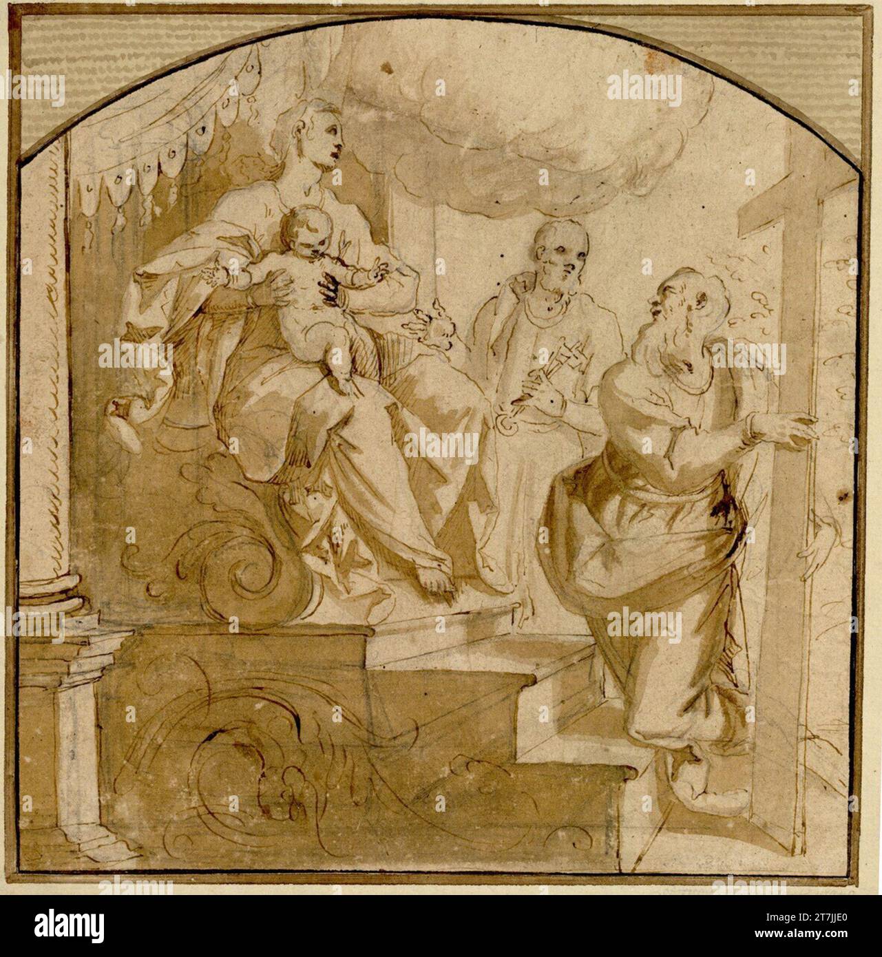 Anonym Madonna enthroned with St. Peter and Paul. Chalk; Feather; laved ...