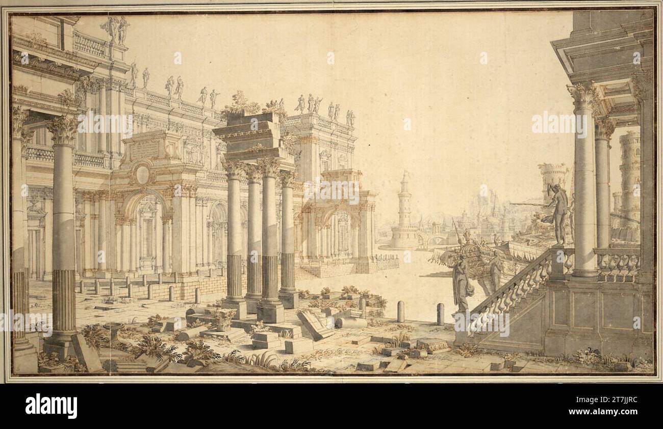 Giuseppe Galli Bibiena Space with column buildings at a sea harbor ...