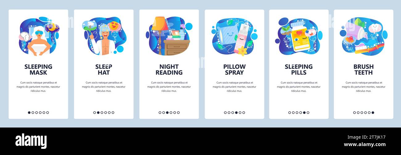 Mobile app onboarding screens. Sleeping mask, night table with a book ...