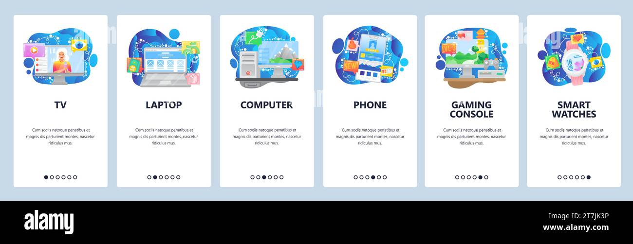 Mobile app onboarding screens. Home electronics and computer gadgets, tv, laptop, phone, console ...