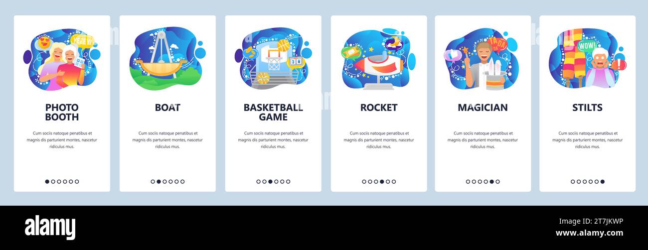 Mobile app onboarding screens. Amusement park attractios, photo booth ...