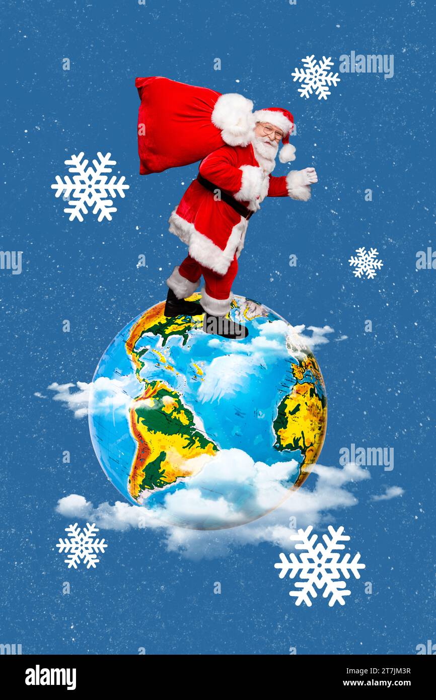 Collage picture of happy funky santa claus delivering globe planet x ...