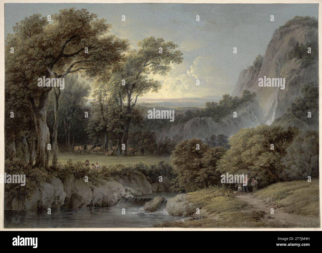 Martin von Molitor Landscape with waterfall and grazing cows. Gouache ...