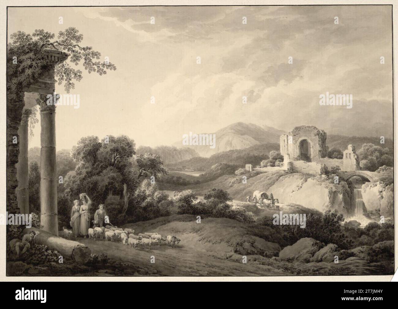 Martin von Molitor Roman landscape with flock of sheep. Ink lavated ...