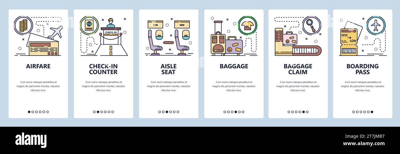 Mobile app onboarding screens. Travel by airplane, flight ticket, aisle ...