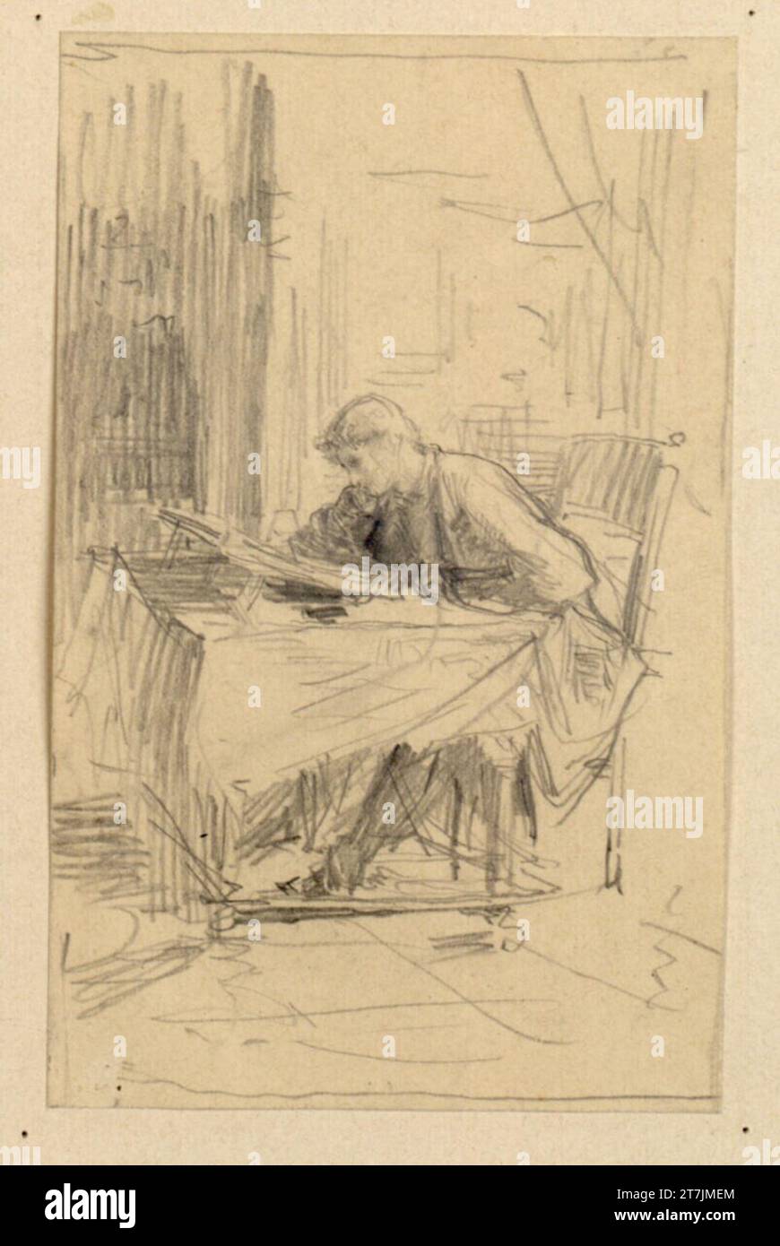 Rudolf Bacher Young man sitting at a tables. Pencil Stock Photo - Alamy