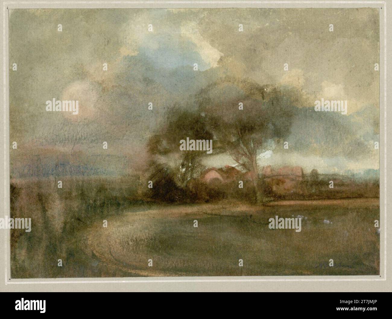 Adolf Böhm Landscape with trees and villages. Watercolor Stock Photo ...