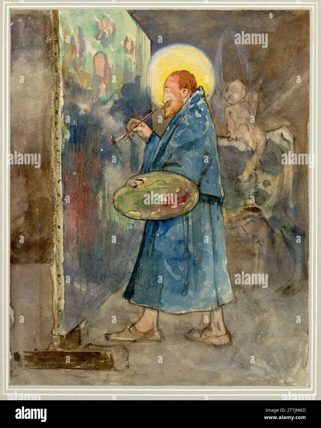 Adolf Böhm Kasparides in Blauer Hütte and painting with a halo on a picture of the saint ...