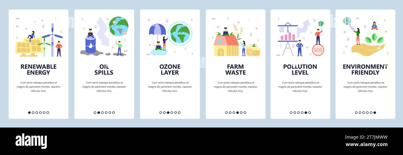 Mobile app onboarding screens. Environmental problems, renewable energy ...