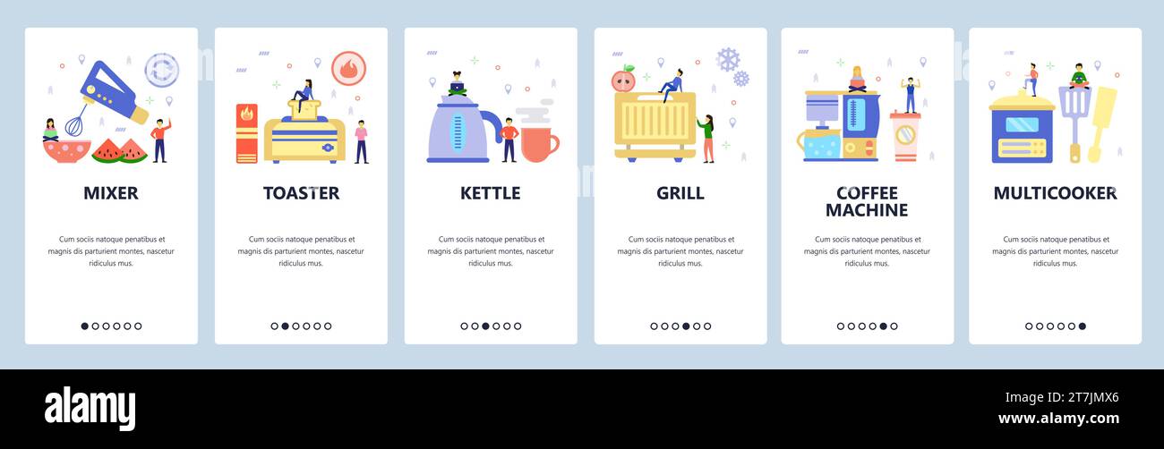 Mobile app onboarding screens. Home kitchen appliances, kettle, toaster ...