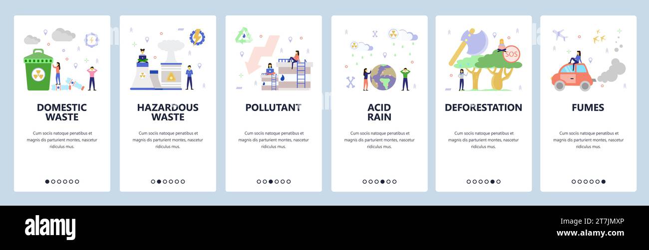 Mobile app onboarding screens. Waste recycle, hazardous waste, air ... Mobile app onboarding screens. Waste recycle, hazardous waste, air ...