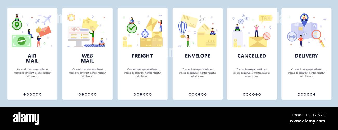 Mobile app onboarding screens. Post and mail delivery, emails, package ...