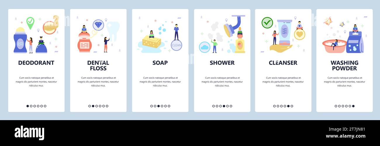 Mobile app onboarding screens. Morning routine icons, deodorant, dental ...