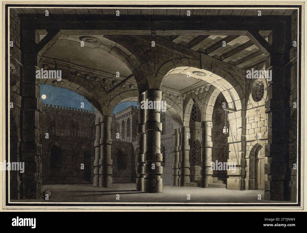 Giulio Quaglio Stage architecture with high double arcades. Feather ...