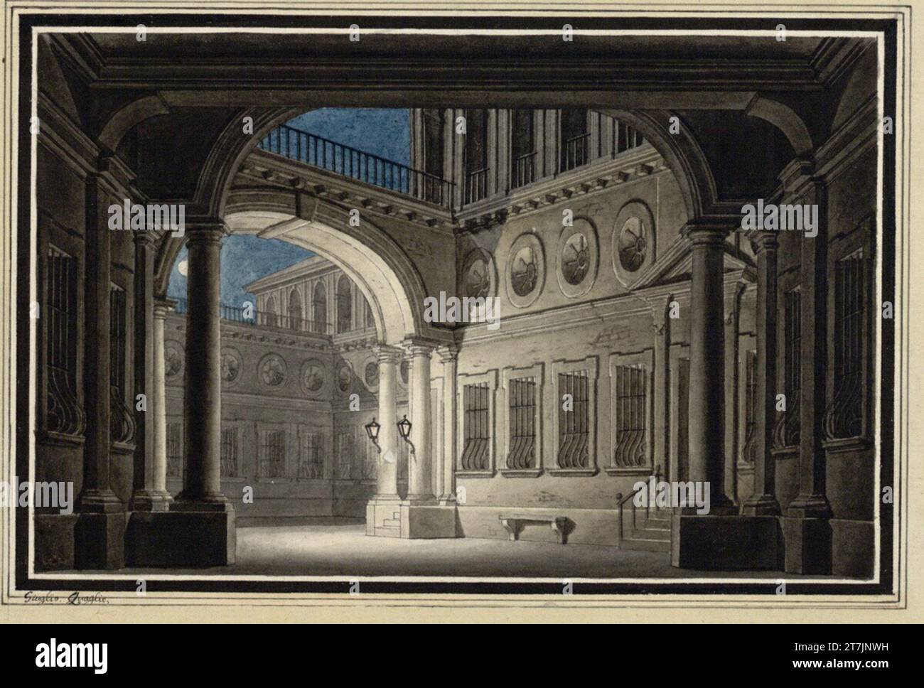 Giulio Quaglio Hof of a baroque palace. Feather; gray and blue laved ...