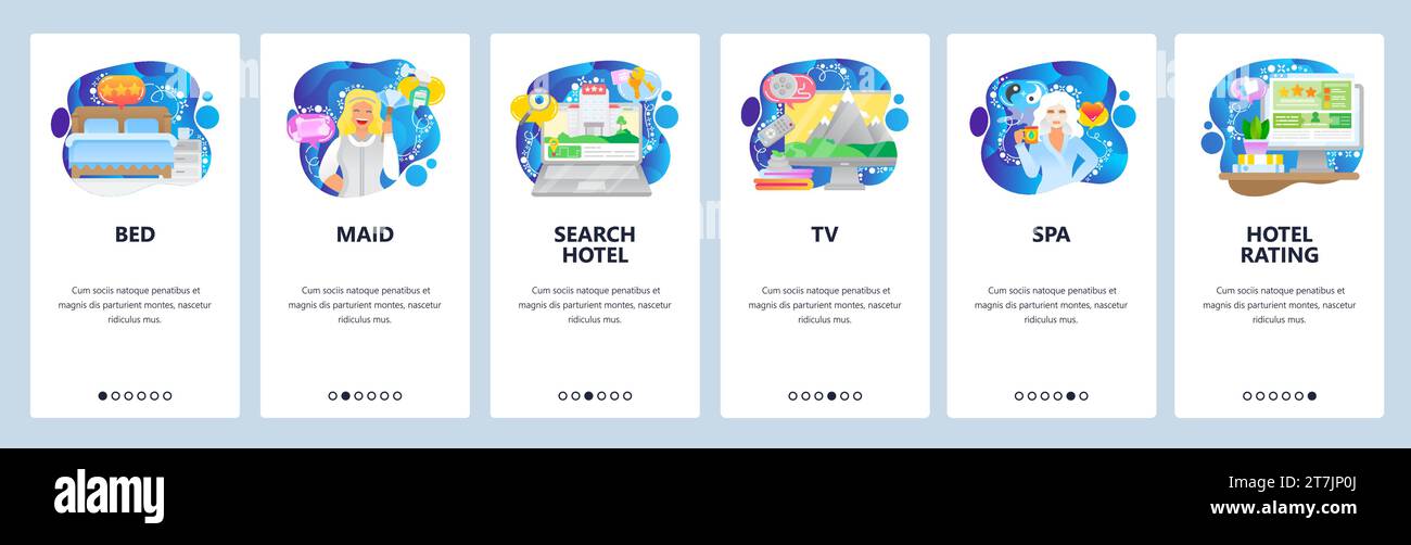 Mobile app onboarding screens. Hotel service, bed, room, maid, search ...