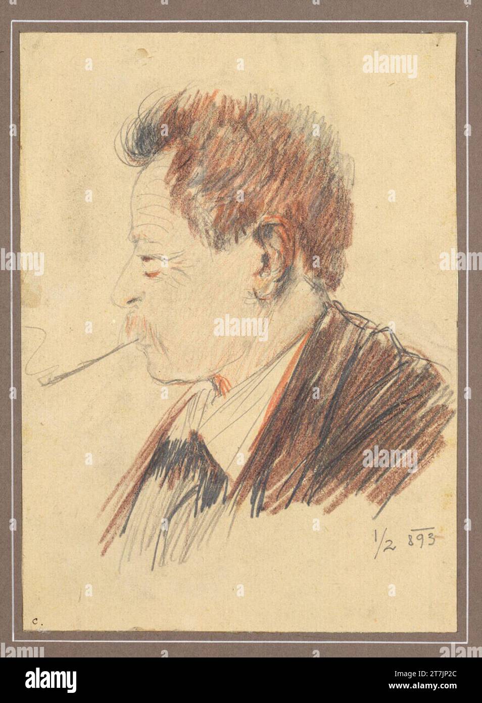 Leopold Stolba Copping study of a smoking gentleman. Pencil, reddish ...