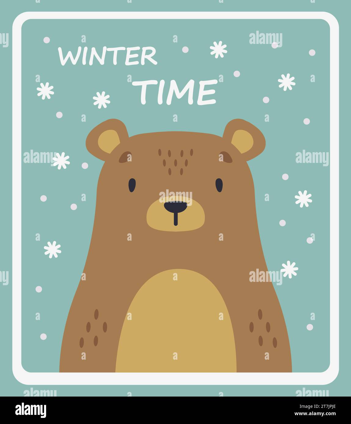 Cute brown bear on a snowy background. Cartoon winter poster. Vector ...