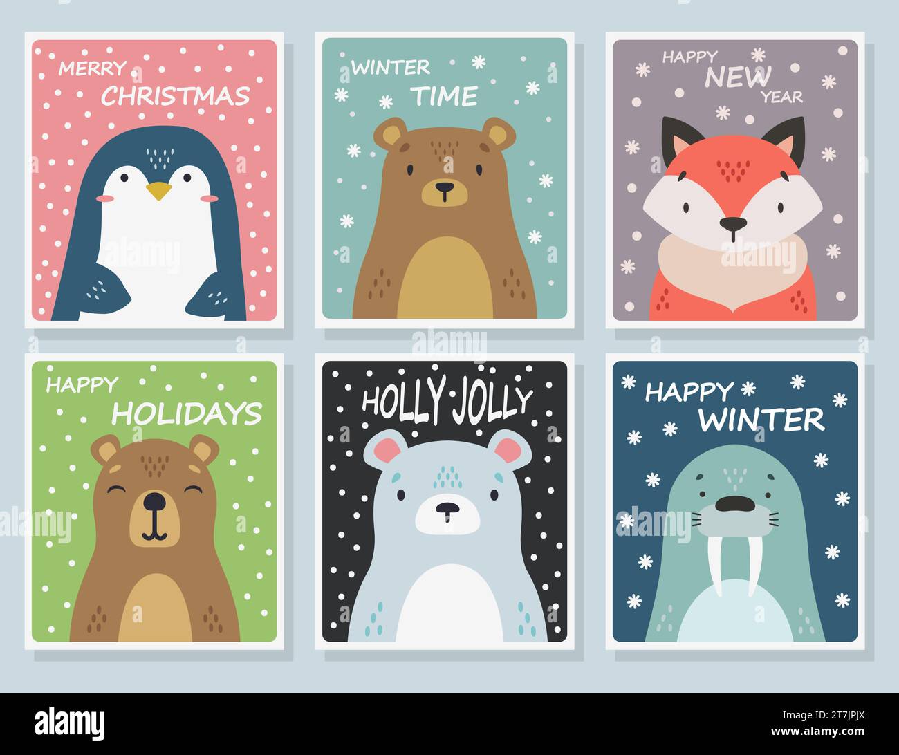 A set of cards on the theme of winter. Christmas cards. Winter animals ...