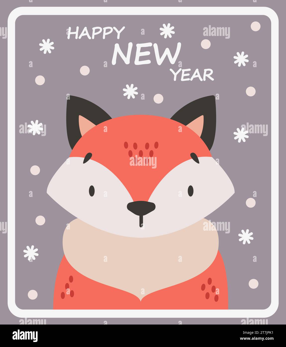 Cute fox on purple snow background. Cartoon winter poster. Vector ...