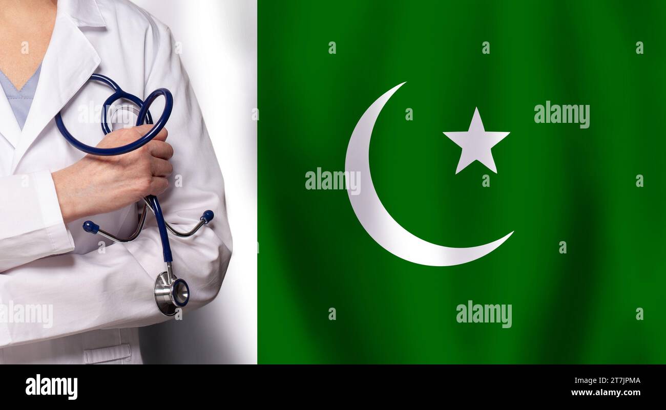 Pakistani medicine and healthcare concept. Doctor close up against flag ...