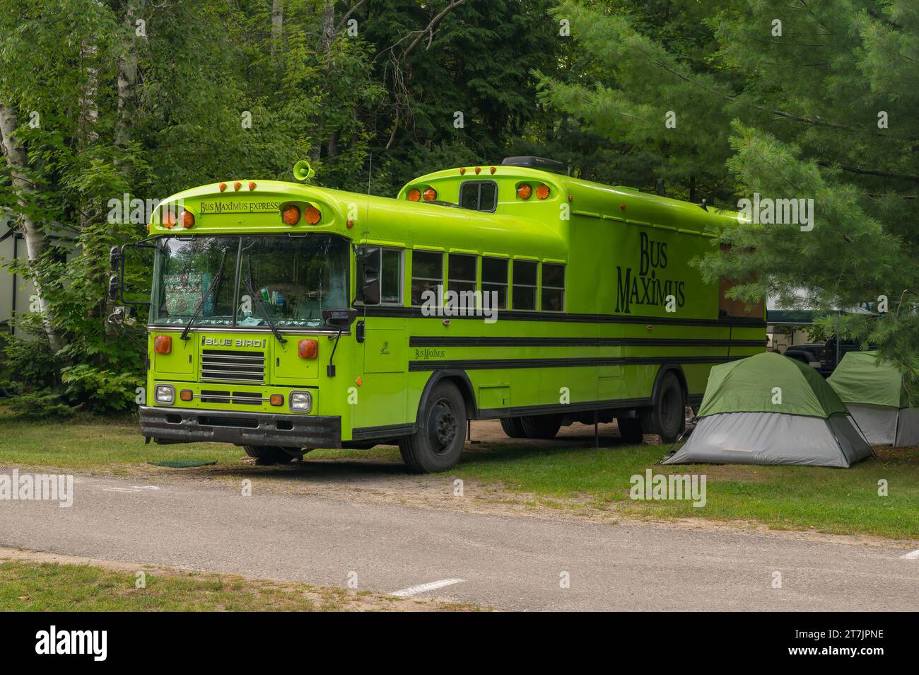 Paradise, MI - August 10, 2023: A homemade green school bus camper ...