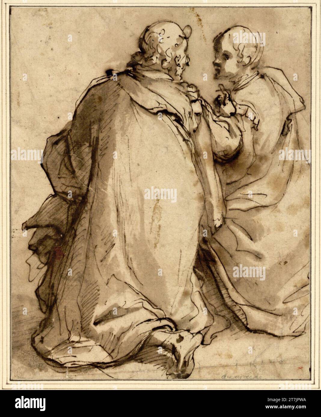 Agostino Carracci Two kneeling men in back view to the left, wrapped in ...