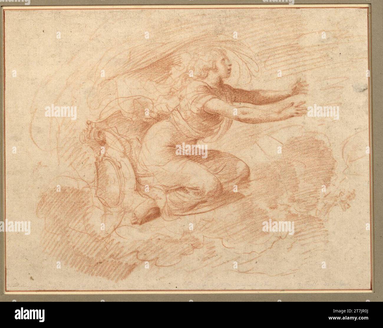 Anonym Female figure on the right on clouds with arms stretched out; A ...