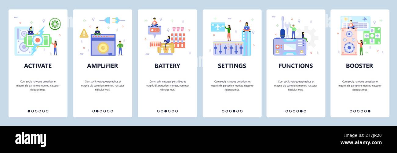 Mobile app onboarding screens. Portable gaming console, battery, audio ...