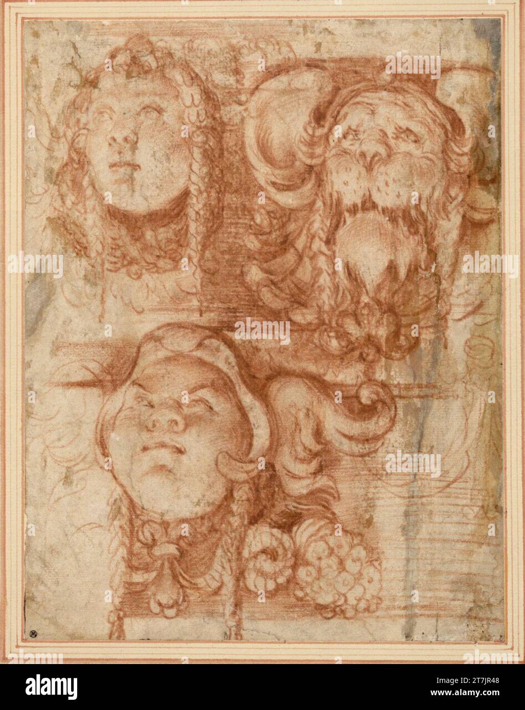 Agostino Carracci Study sheet with mascarons (two female heads, a lion ...
