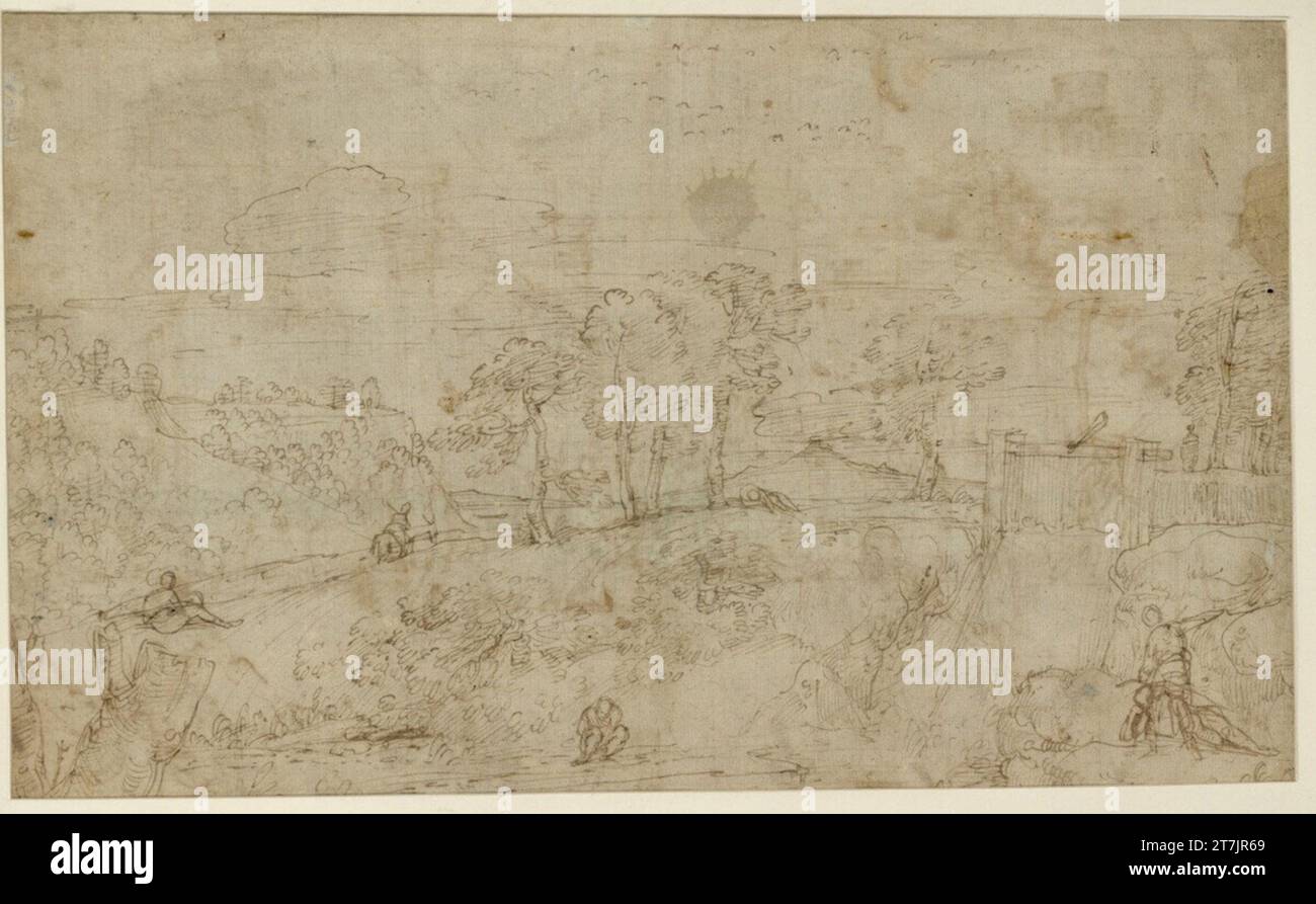 Antonio Carracci Landscape with staff figures, on the right maybe a ...