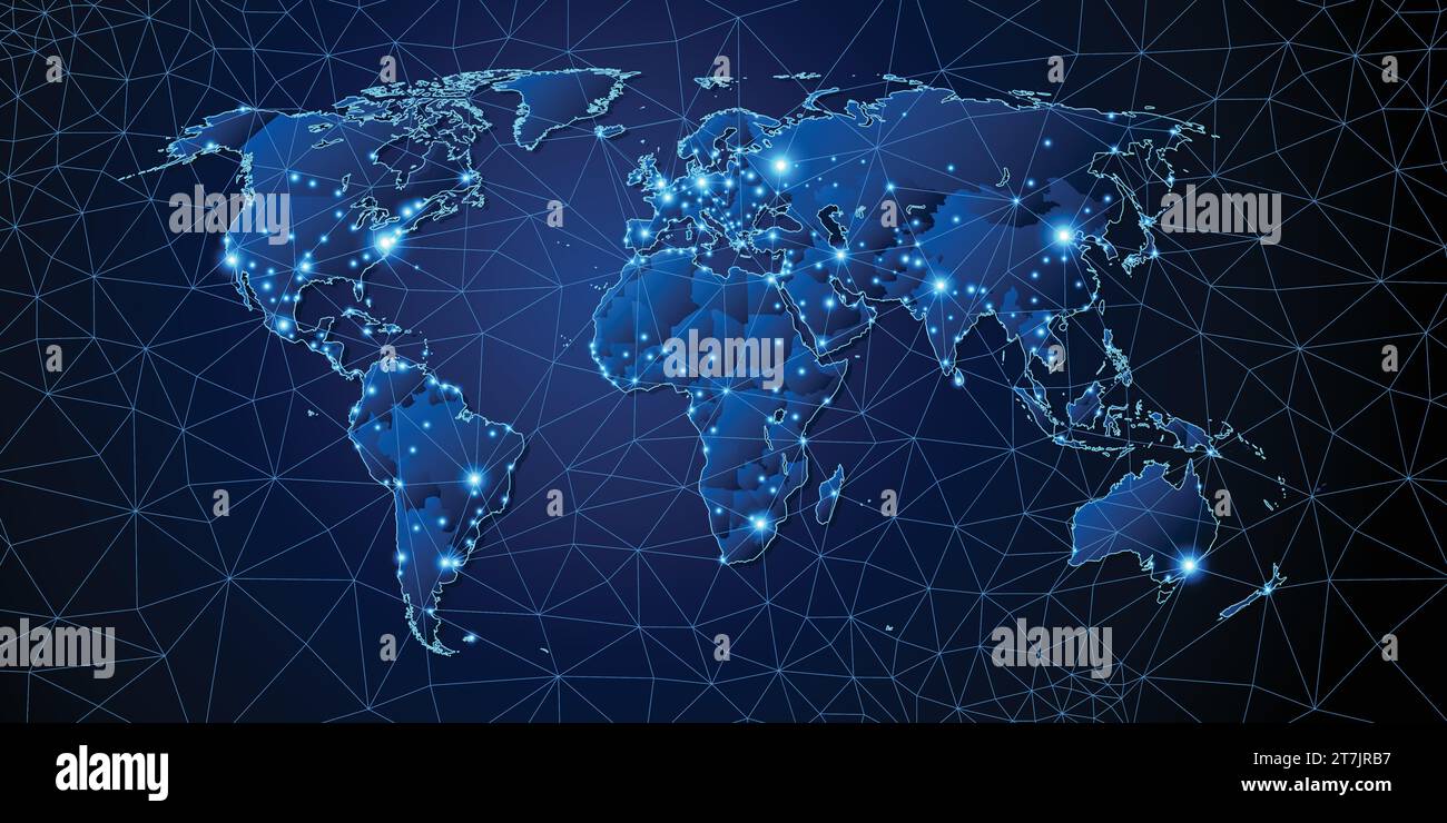 Modern world map with connection lines and capital cities - on dark ...
