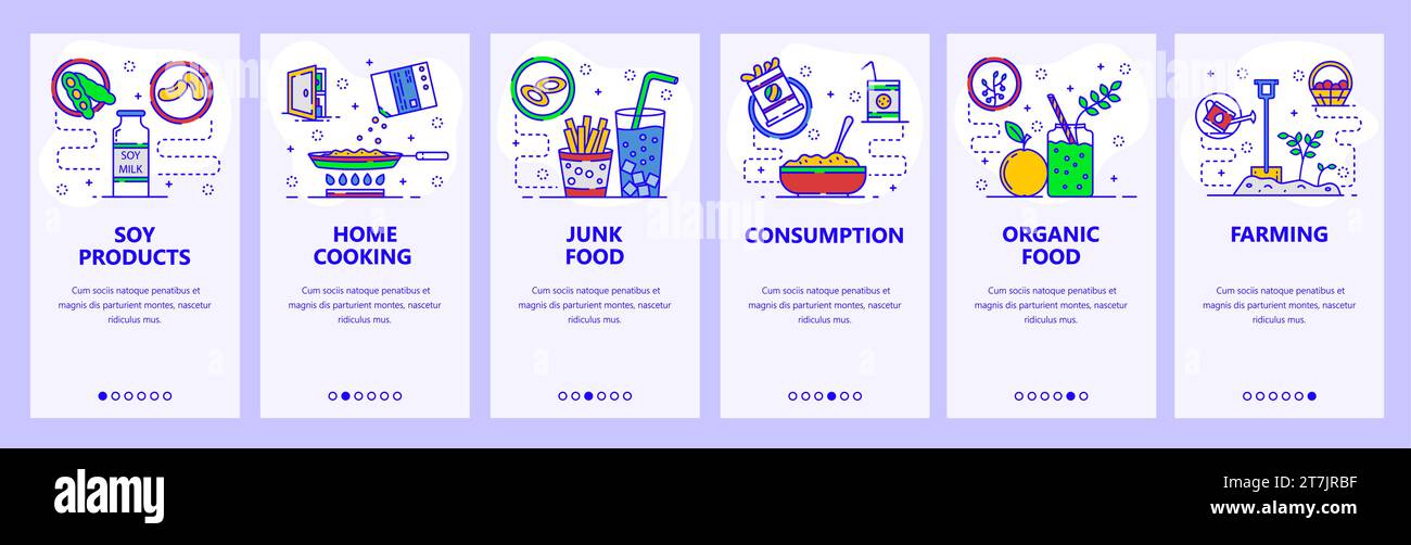 Mobile app onboarding screens. Home cooking, dairy products, fast food ...