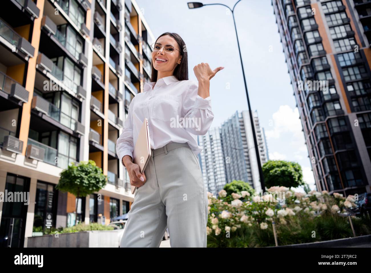 Photo of charming smiling lady realtor wear white shirt spectacles ...